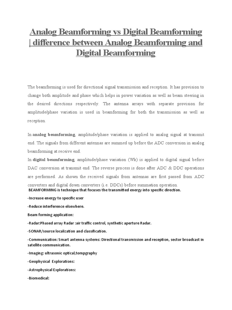 Analog Beamforming Vs Digital Beamforming | PDF