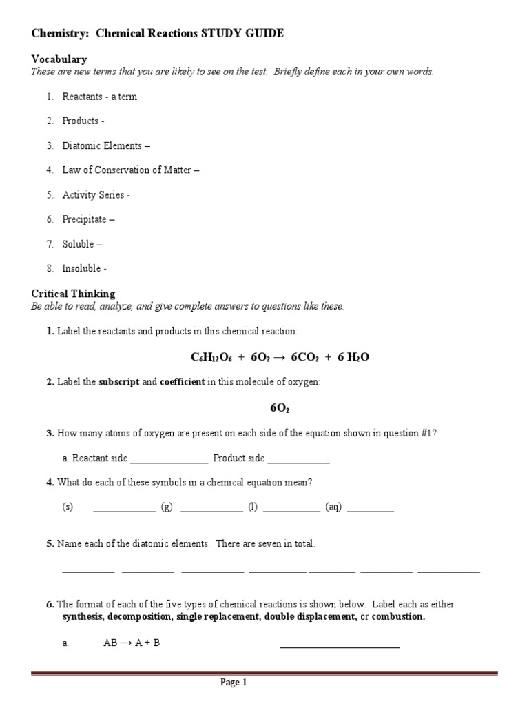 Chemical Reactions Study Guide | PDF | Nature | Chemical Compounds