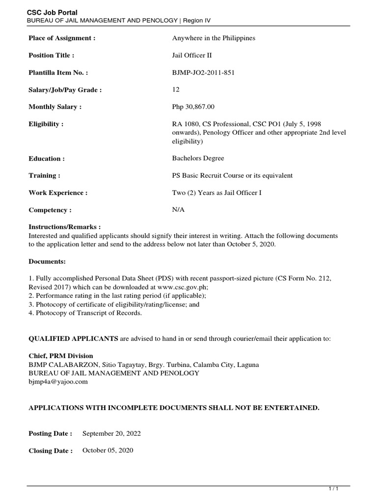Jail Officer II Job Opening in Philippines | PDF | Business