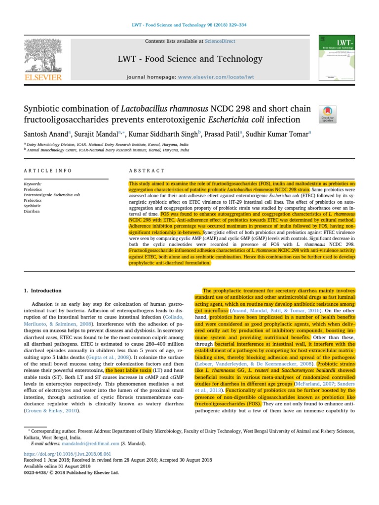 Synbiotic Combination of Lactobacillus Rhamnosus NCDC 298 and Short ...