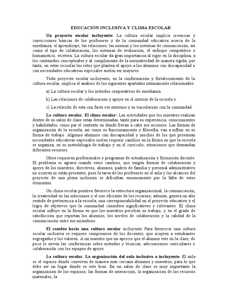 Clima Escolar Inclusivo y Educación | PDF | Inclusión (Educación ...