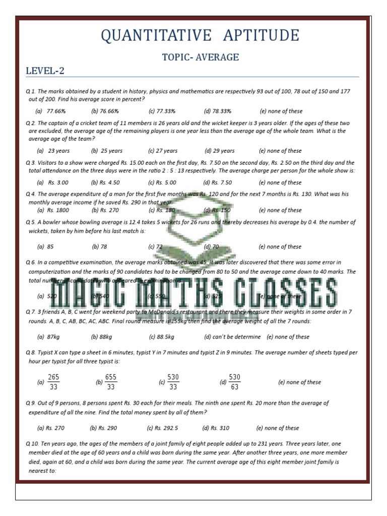 Quantitative Aptitude: Topic-Average Level-2 | PDF