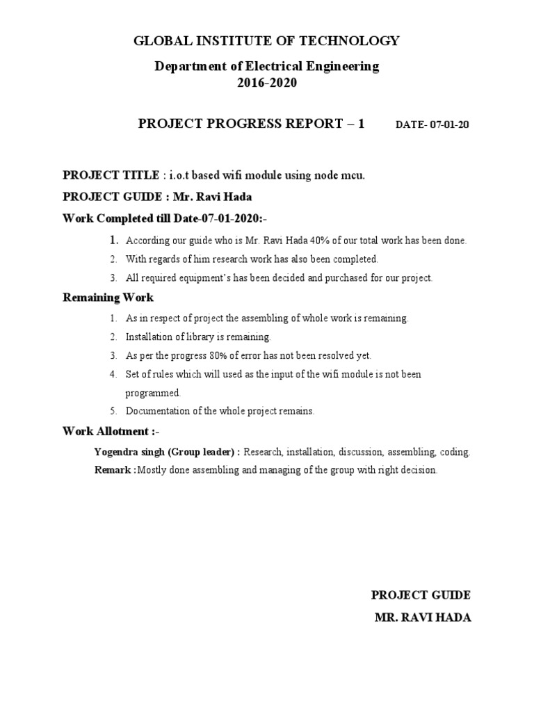 Global Institute of Technology Department of Electrical Engineering 2016-2020 Project Progress ...