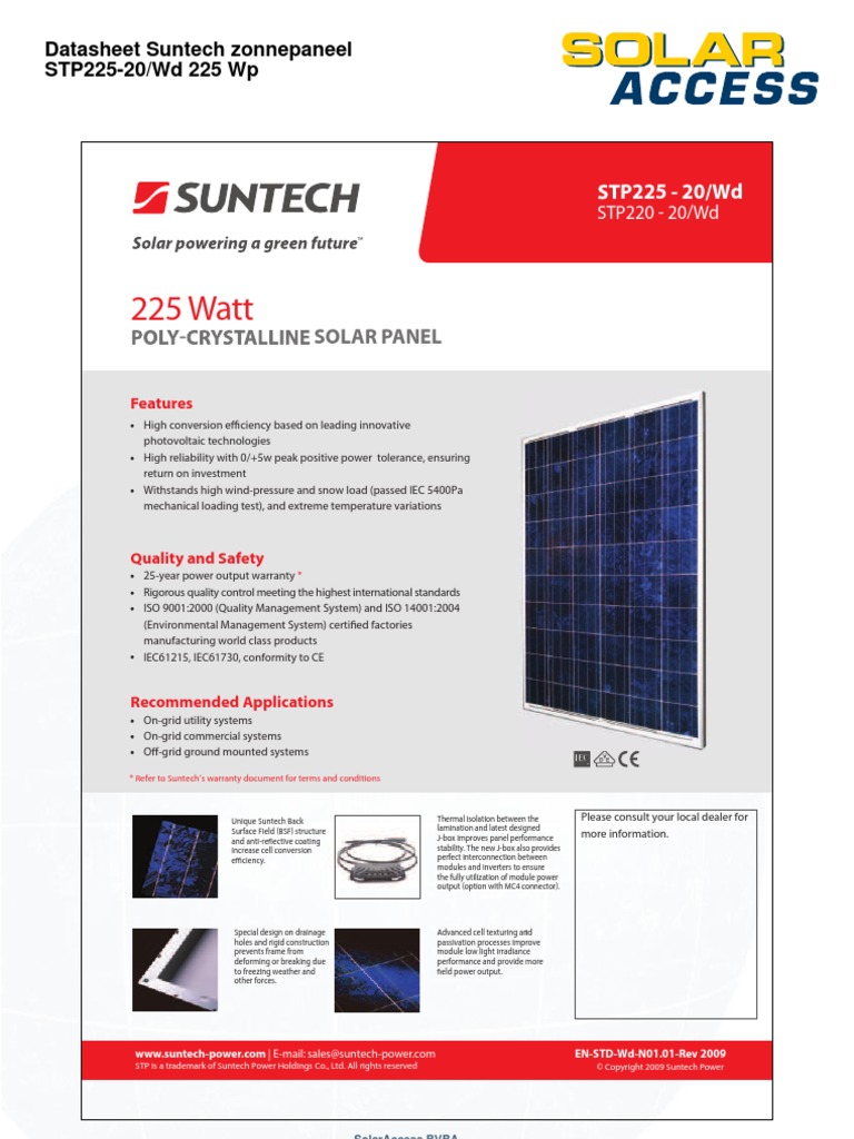 Suntech STP225-20 WD 225Wp EN | PDF | Photovoltaic System | Electricity