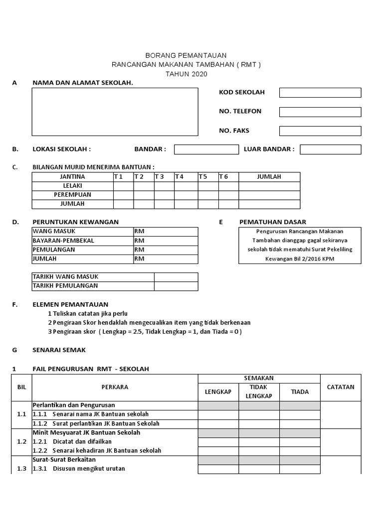 Borang Pemantauan RMT 2020 SKTP | PDF