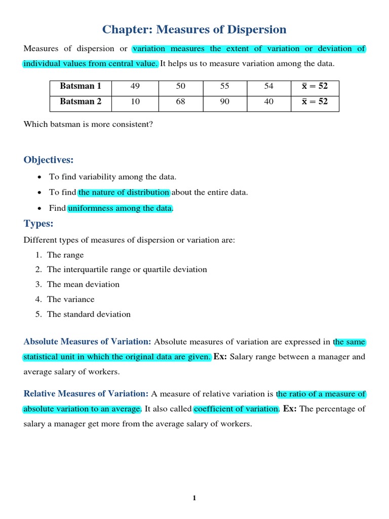 Measures of Dispersion | PDF | Quartile | Coefficient Of Variation
