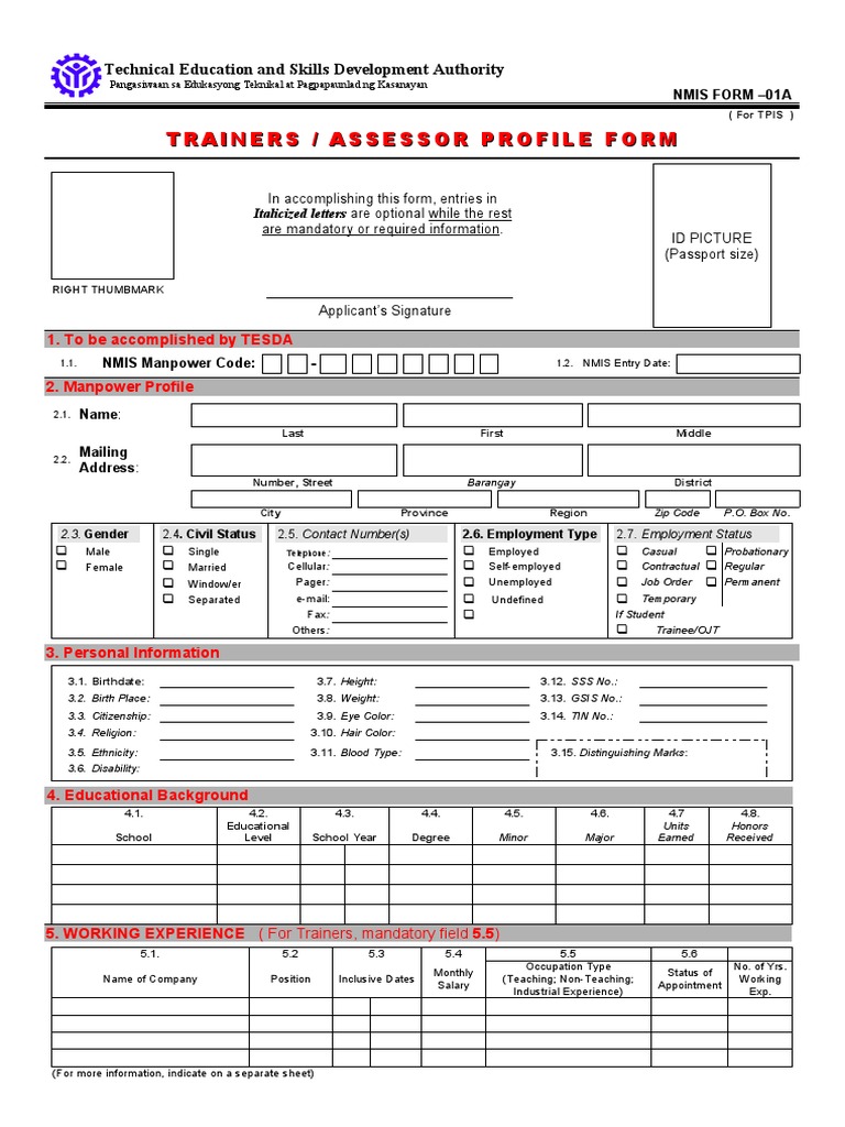 Trainers / Assessor Profile Form | PDF | Labour | Employment