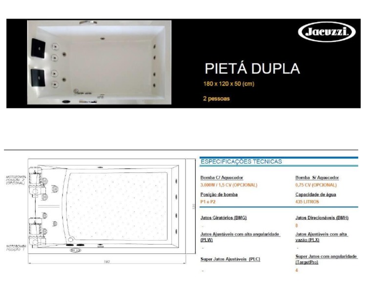 FICHA TECNICA Tina Hidromasaje Pieta P1 de 180x120+desag - Almoh ...