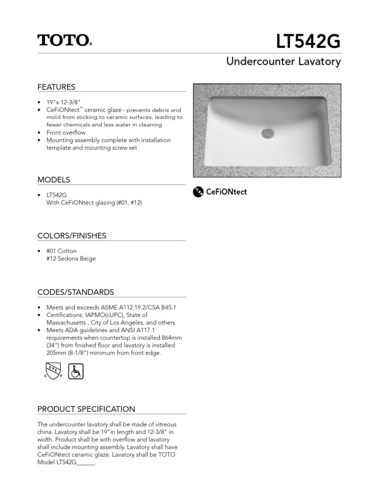 TOTO LT542G Undercounter Lavatory Specs | PDF | Building Engineering ...