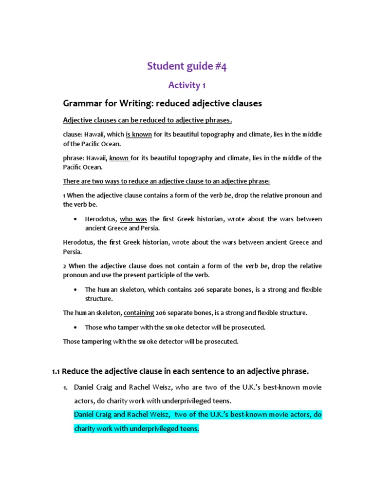 Student Guide #4: Grammar For Writing: Reduced Adjective Clauses | PDF ...