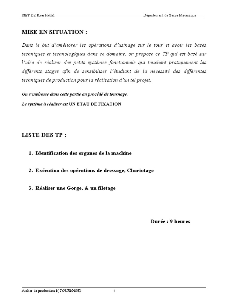 TP Tournage : Usinage et Dressage | PDF | Usinage | Métallurgie