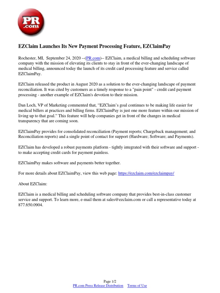 EZClaim Launches Its New Payment Processing Feature, EZClaimPay | PDF ...