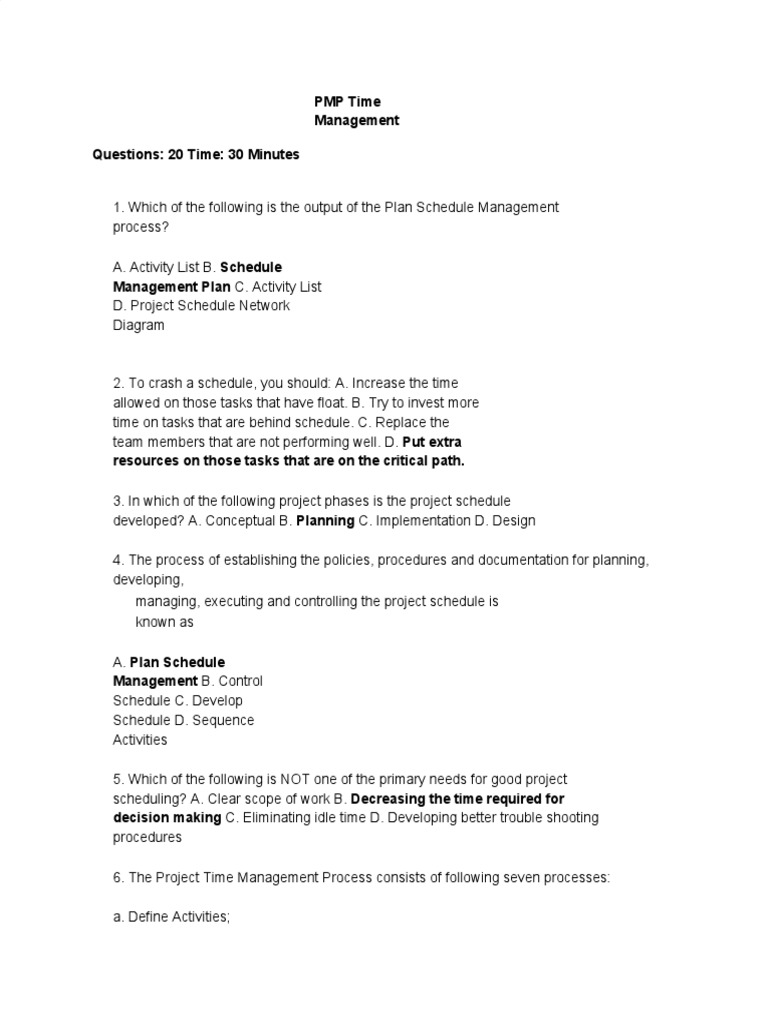 PMP Time Management Quiz | PDF | Project Management | Information