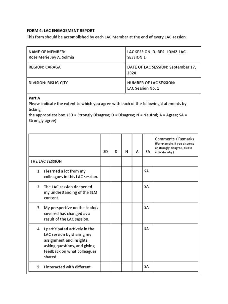 Form 4: Lac Engagement Report: (For Example, If You Disagree or ...