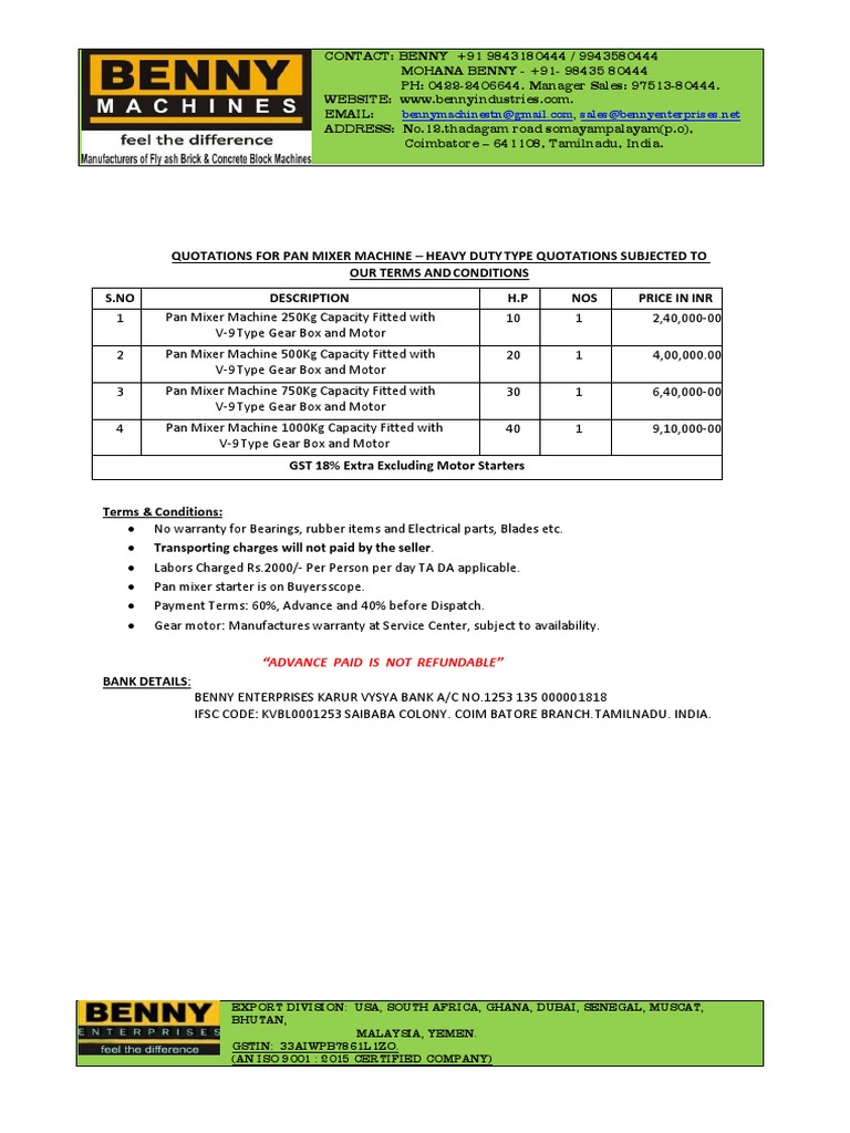 Pan Mixer Quotation | PDF | Gear | Manufactured Goods