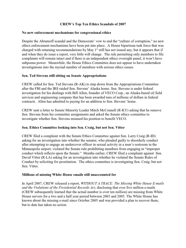 Top 10 Ethics Scandals of 2007 | PDF | United States Congress ...