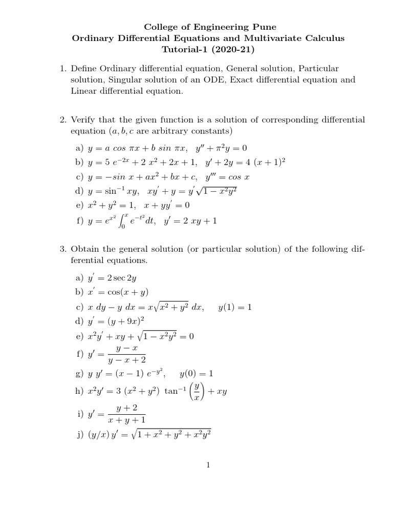 ODEs and Multivariate Calculus Tutorial | PDF | Ordinary Differential ...