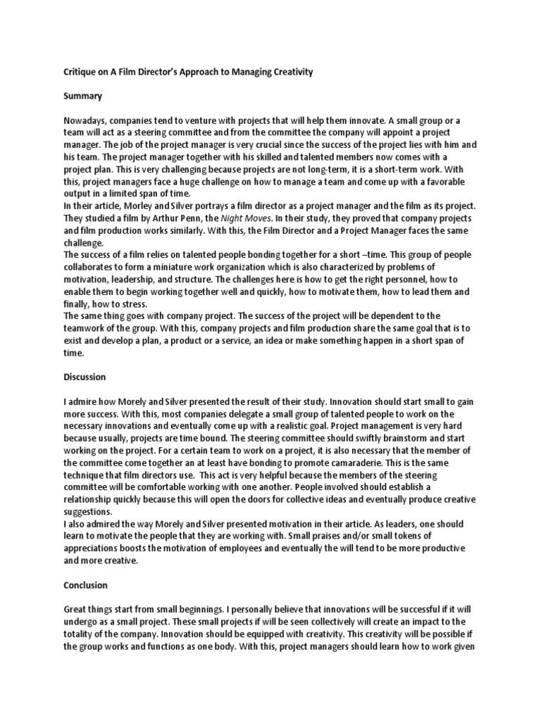 Critique On A Film Director's Approach To Managing Creativity | PDF ...