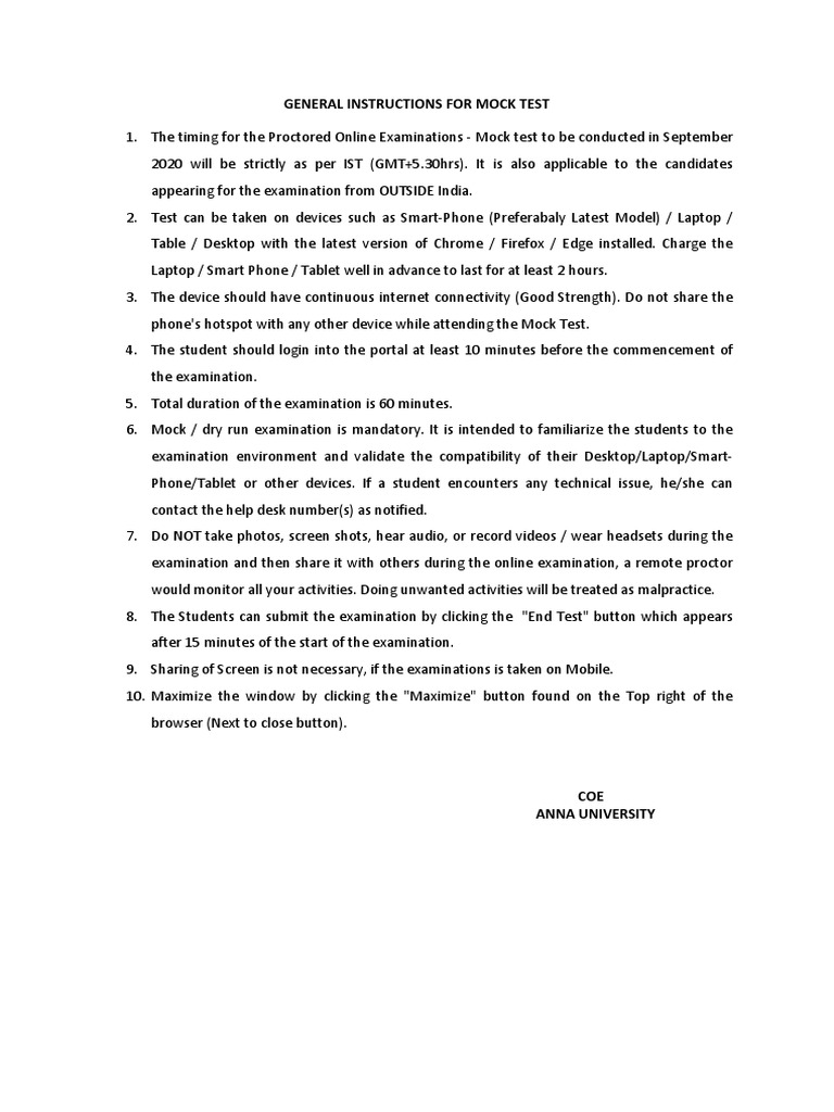 General Instructions For Mock Test | PDF | Computers