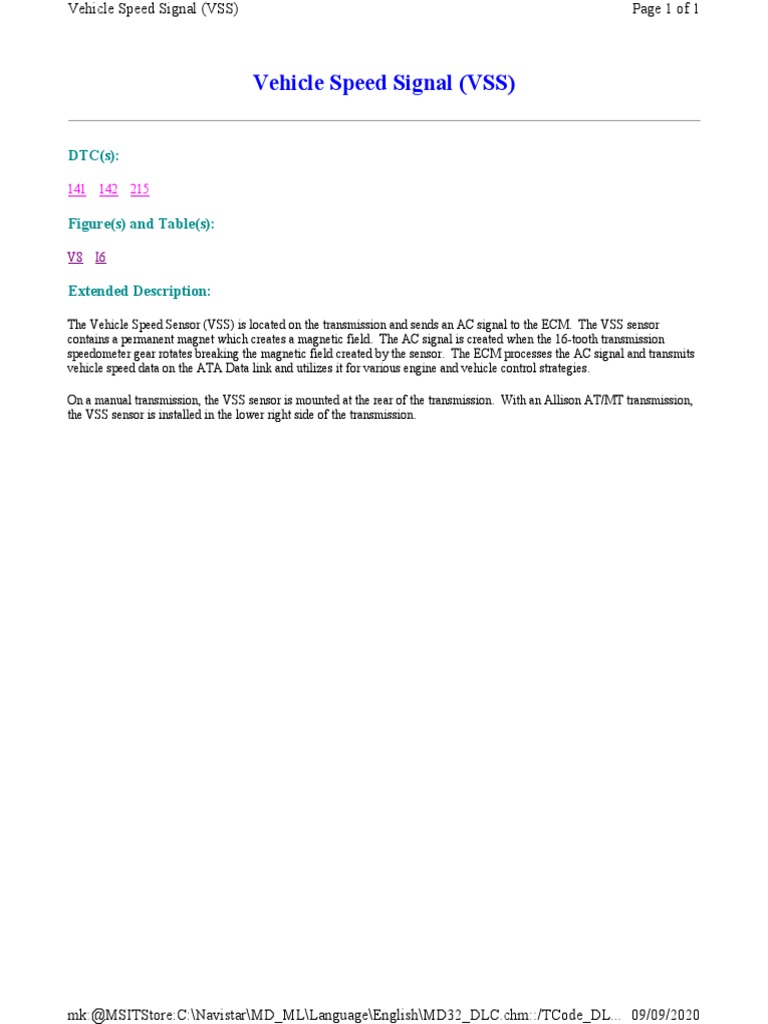 Vehicle Speed Signal (VSS) : DTC(S) | PDF