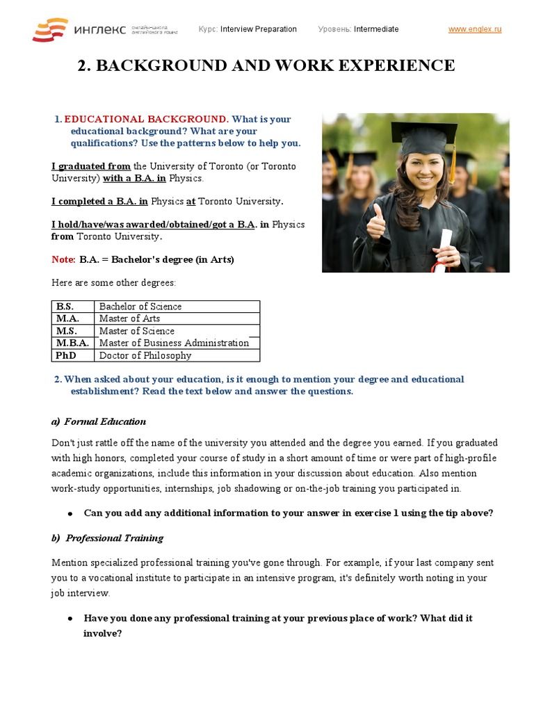 Background and Work Experience | PDF | Bachelor's Degree | Academic Degree