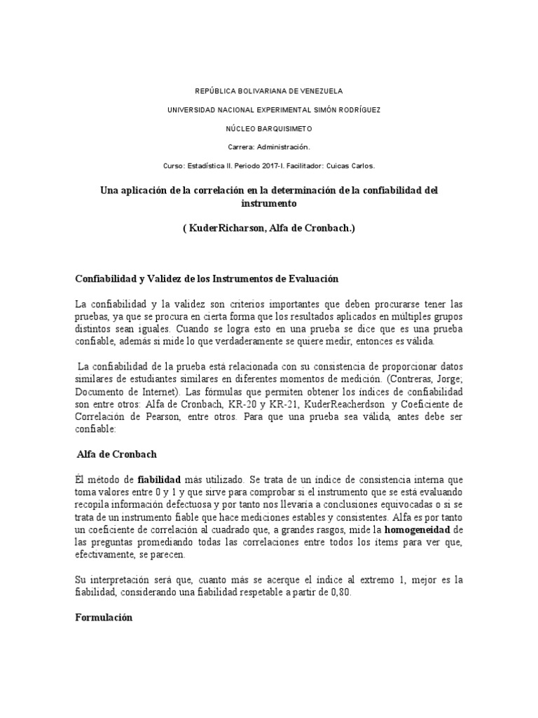 Alfa y Kuder, Estadistica II 2017-I | PDF | Alfa de Cronbach | Validez (Estadísticas)