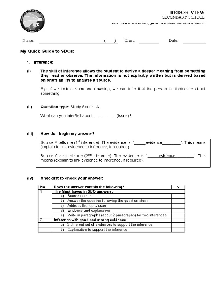 Name: Class: Date:: My Quick Guide To Sbqs | PDF | Cartoon | Inference