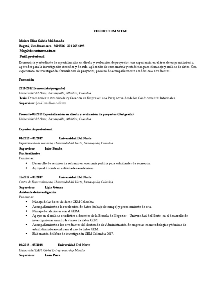 CV Moises Galvis | PDF | Economista | Estadísticas