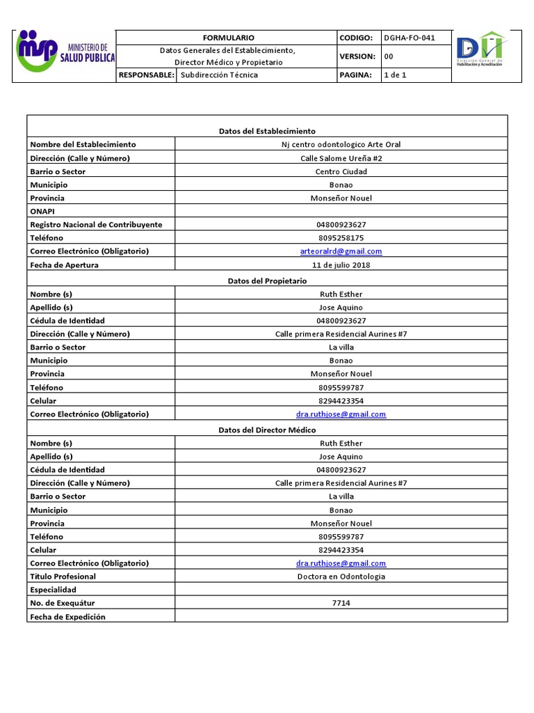 111DGHA FO 041 Formulario Datos Generales Del EStablecimiento Director Medico y Propietario ...