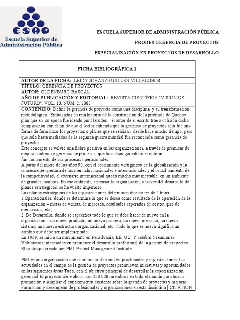 Ficha Bibliográfica | PDF | Gestión de proyectos | Planificación