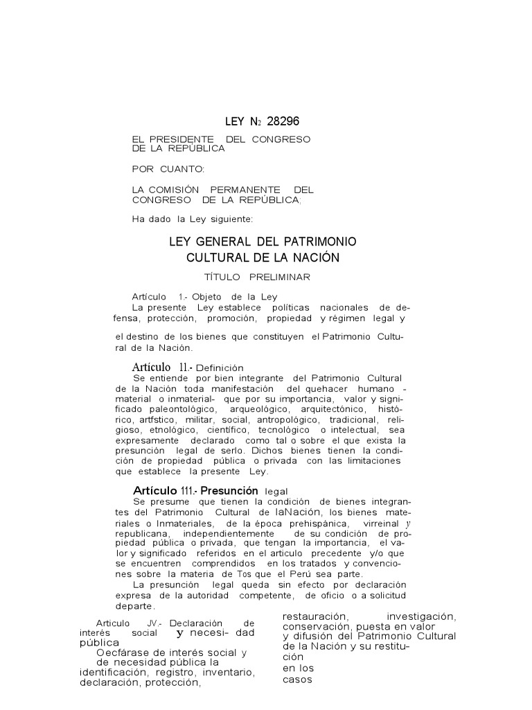 Ley - 28296 Ley General Del Patrimonio Cultural de La Nacion | PDF | Dominio eminente | Propiedad