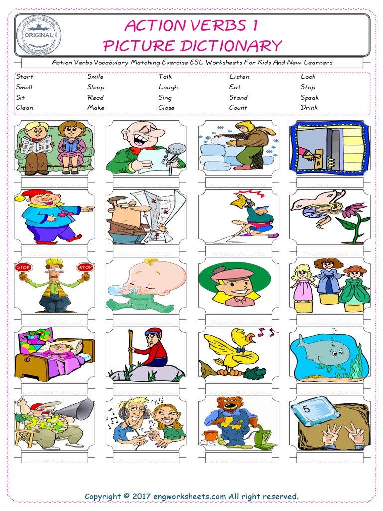 Action Verbs Vocabulary Matching Exercise ESL Worksheets For Kids and ...