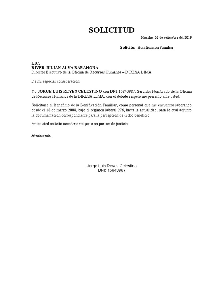 Solicitud Bonificación Familiar DIRESA | PDF