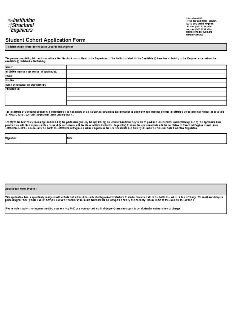 Student Cohort Application Form: 1. Statement by Professor/Head of ...