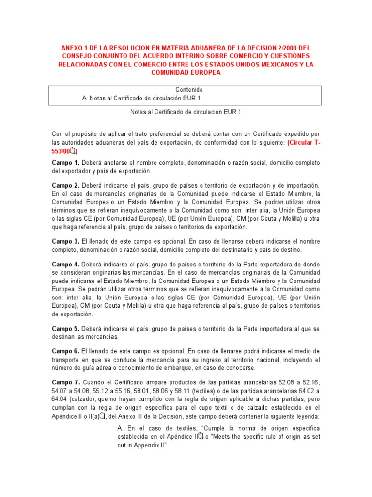 Instructivo Llenado Certificado EUR.1 | PDF | Unión Europea | aduana