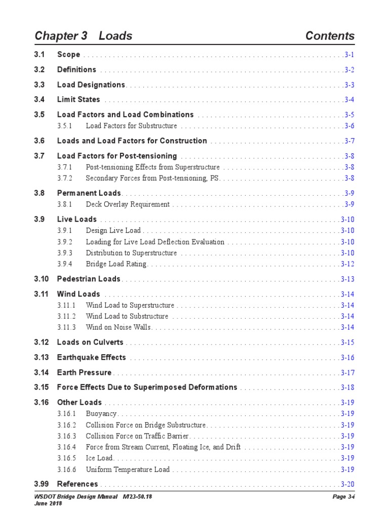 Chapter 3 Loads Contents: WSDOT Bridge Design Manual M 23-50.18 Page 3 ...