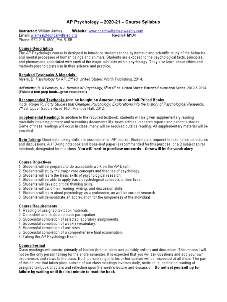 Ap Psychology Syllabus 2020 | PDF | Mental Disorder | Psychotherapy