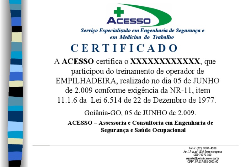 Modelo Certificado Empilhadeira | PDF