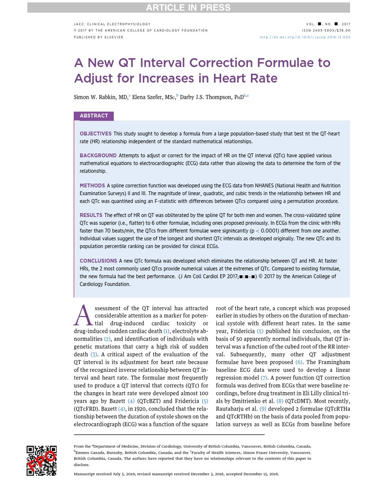 A New QT Interval Correction Formulae To Adjust For Increases in Heart ...