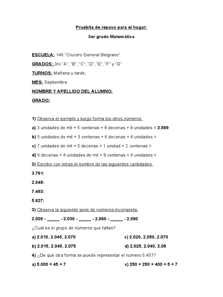 Pruebita de Repaso para El Hogar. 3ro - 146 - Dos | PDF