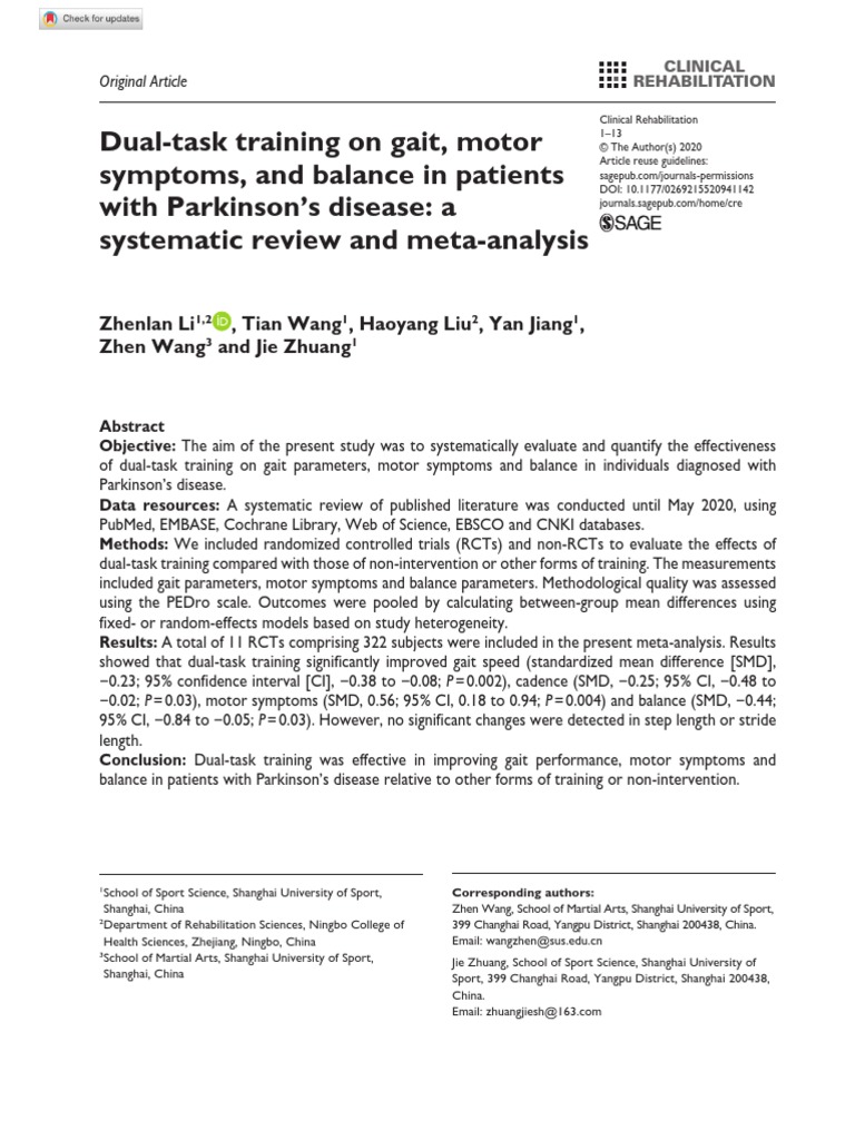 Dual-Task Training On Gait, Motor Symptoms, and Balance in Patients ...