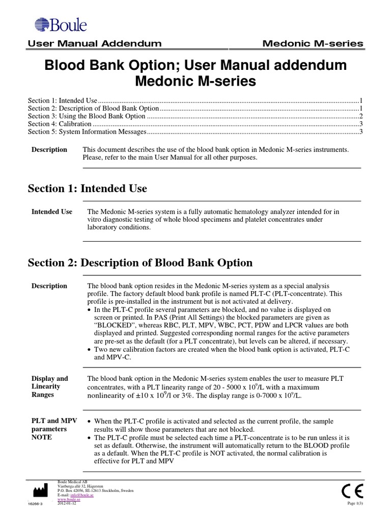 Blood Bank Option User Manual Addendum Medonic M-Series: Section 1 ...