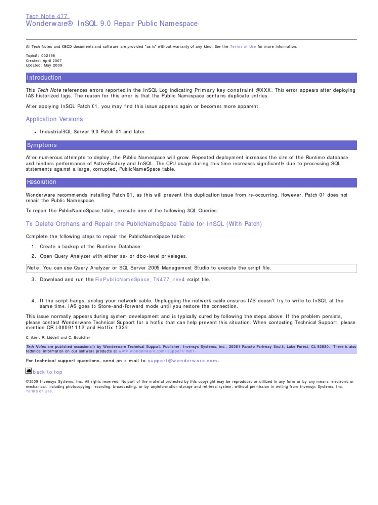 Tech Note 477 - Wonderware InSQL 9 Repair Public Namespace | PDF | Technical Support | Microsoft ...