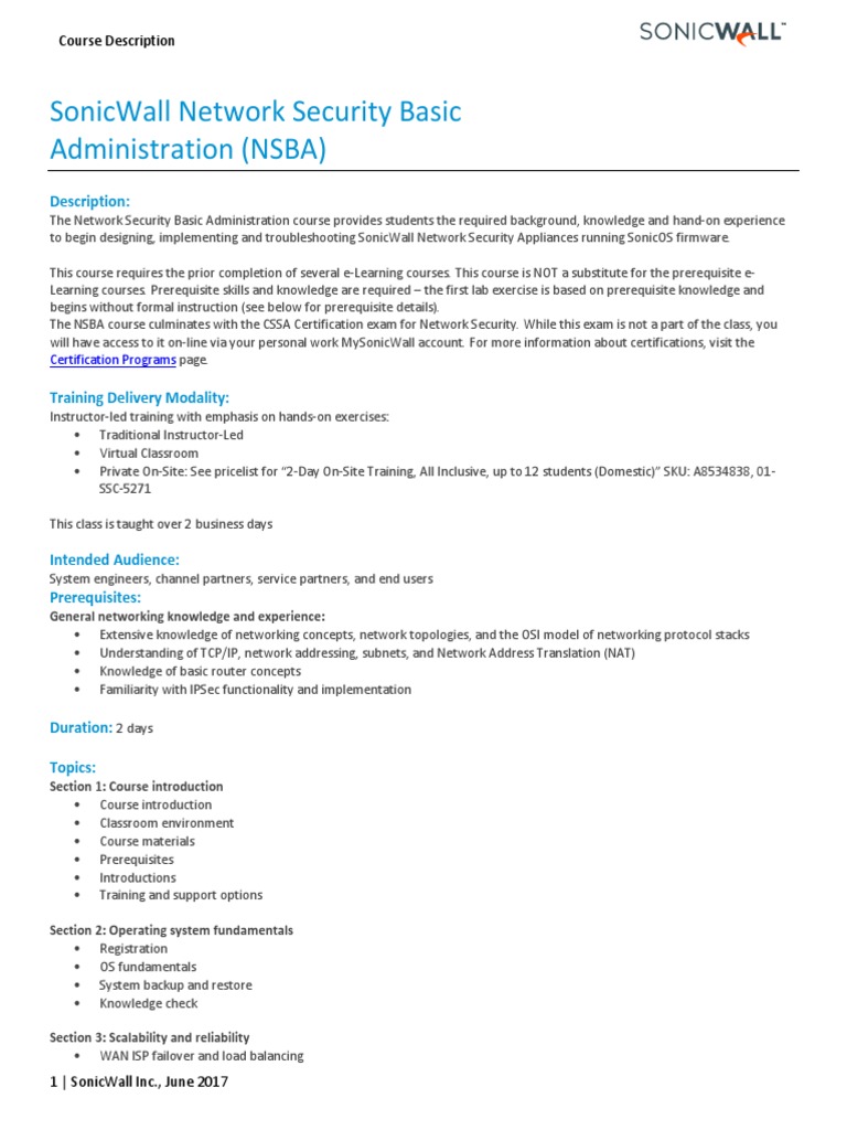 Sonicwall Network Security Basic Administration (Nsba) : Description | PDF | Computer Network ...