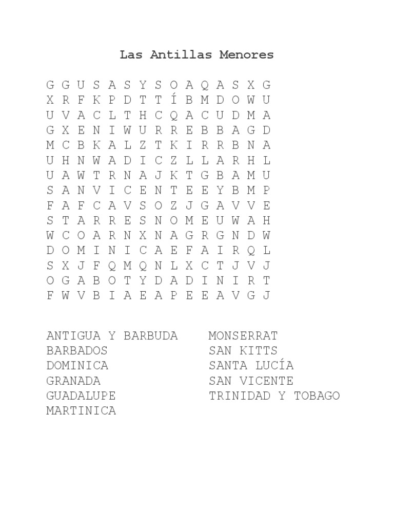 Sopa de letras: Islas Antillas Menores | PDF