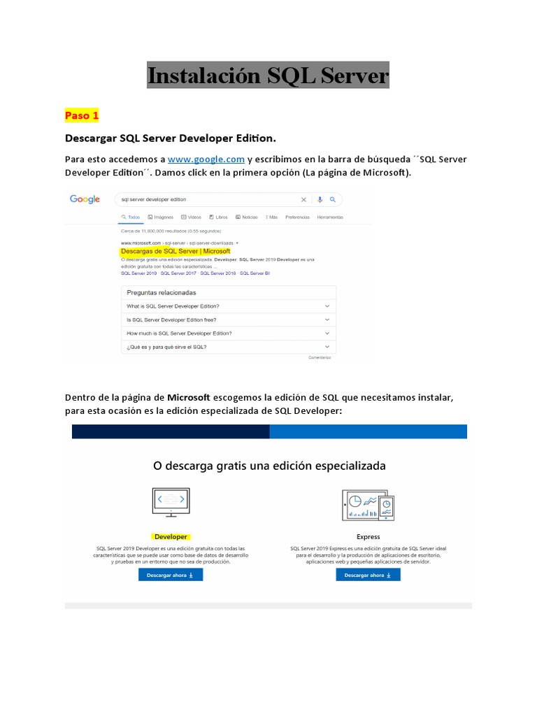 Guía de Instalación SQL Server Developer | PDF | Servidor SQL de ...
