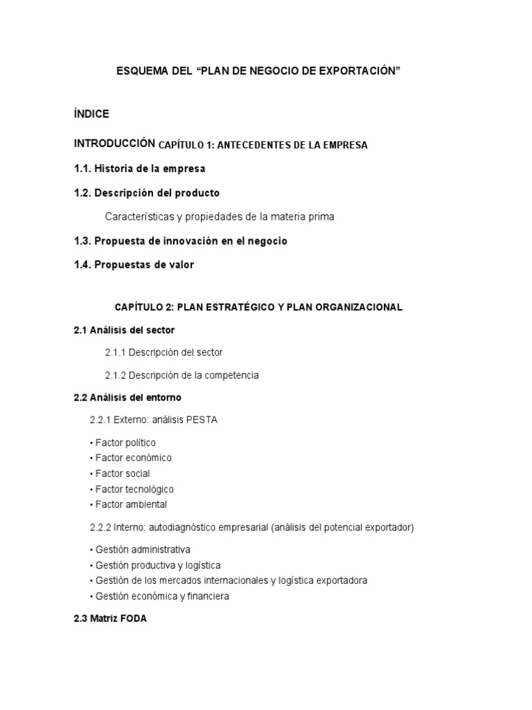 Esquema De Plan De Negocio Exportador Pdf Presupuesto Producto