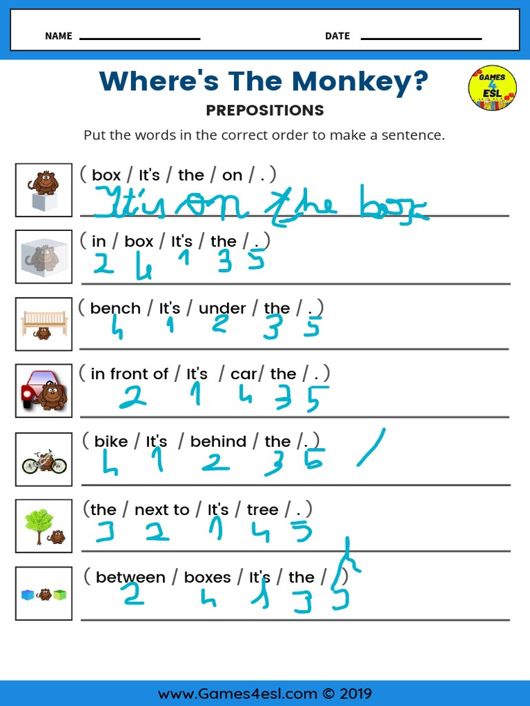 Preposition Sentence Order Exercise | PDF | Foreign Language Studies