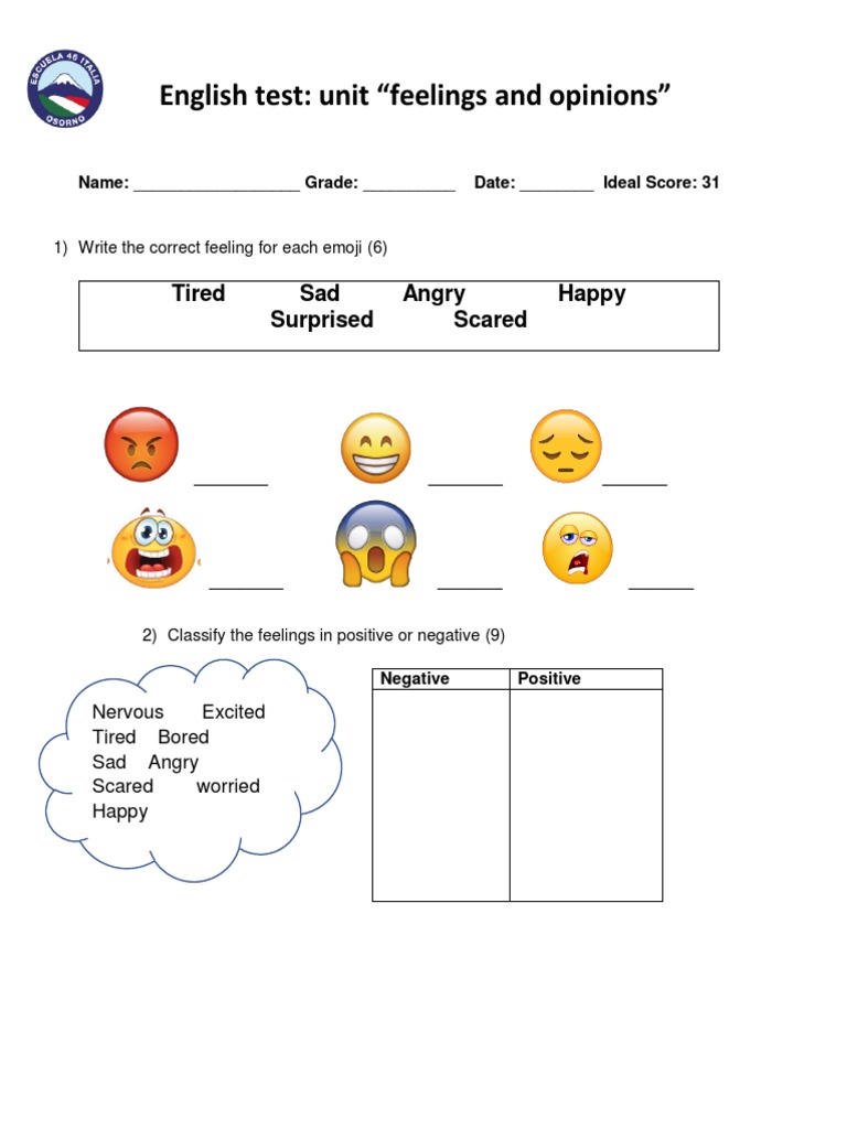 Feelings and Opinions Test Worksheet | PDF | Games & Activities