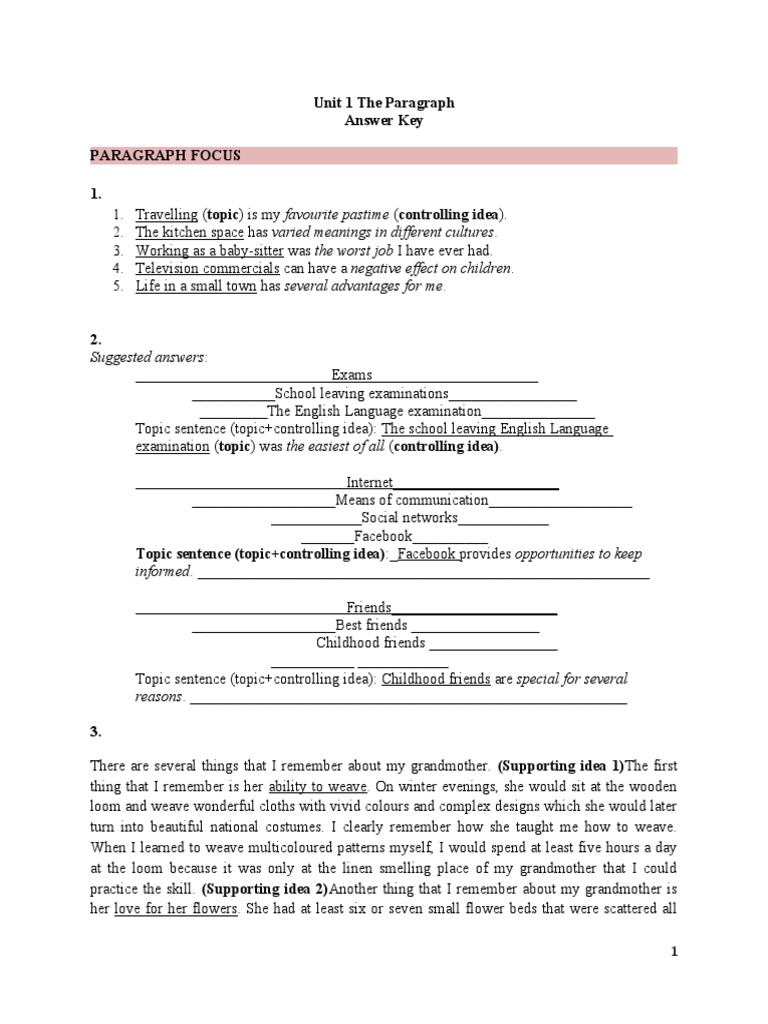 Unit 1 The Paragraph Answer Key Paragraph Focus 1.: Suggested Answers ...